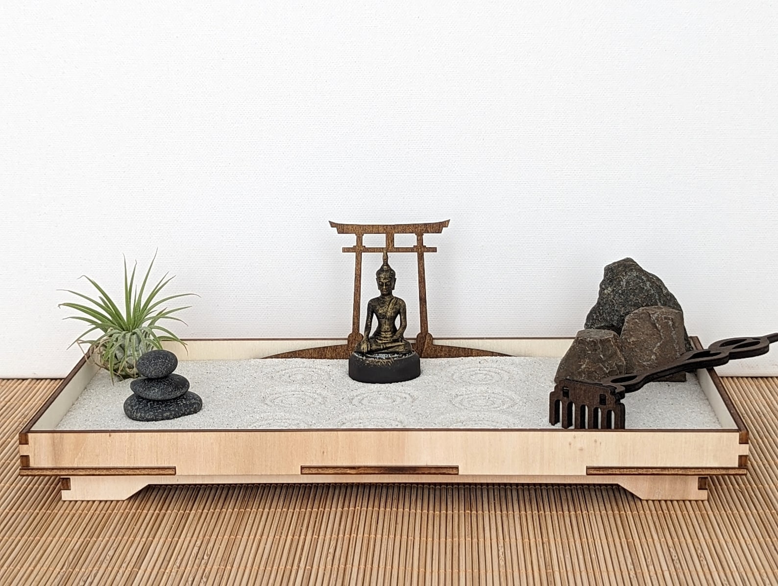 Handmade Zen Garden Kit Made of FSC Wood With Buddha, Torii, Tillandsia ...