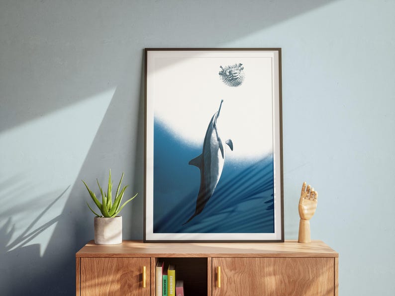 Dolphin Meets Puffer Fish – Marine Life Wall Art Print, Ocean ...