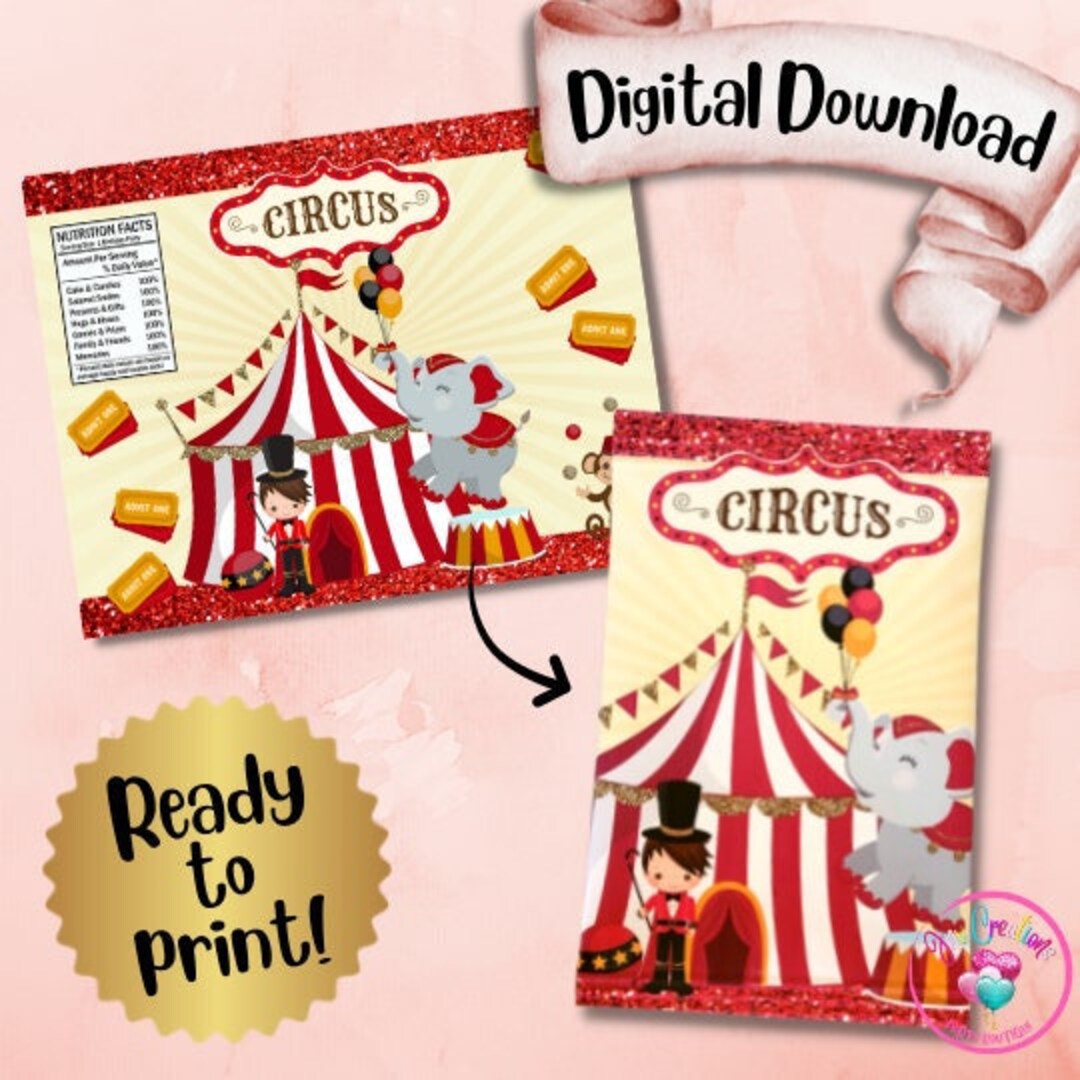Red Circus Chip Bag, Digital Download, Birthday Party Favors, Carnival ...