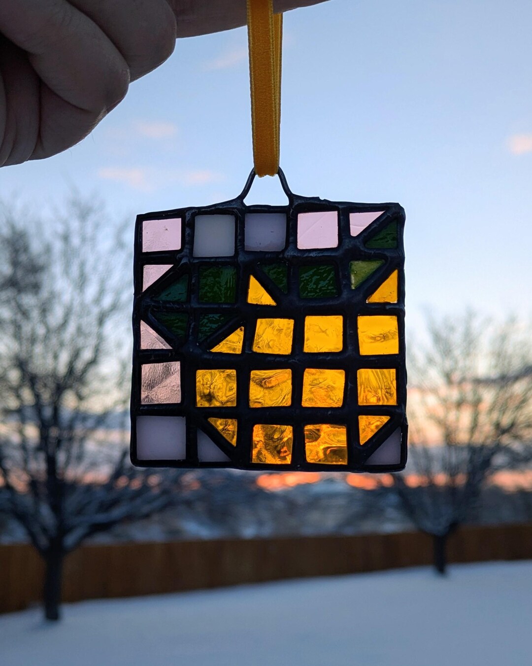 Orange Stained Glass Block Quilt Panel | Handmade Geometric Window ...