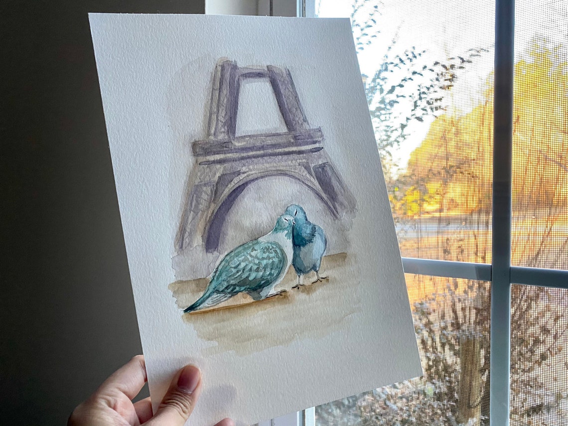 Pigeon Lovers in Paris ORIGINAL ART Watercolor Eiffel | Etsy