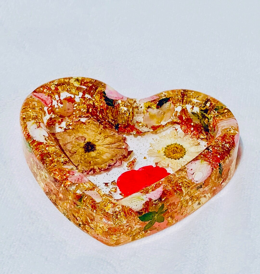 Heart Shaped Ashtray With Real Flowers, Rose Ashtray With Gold Flakes ...