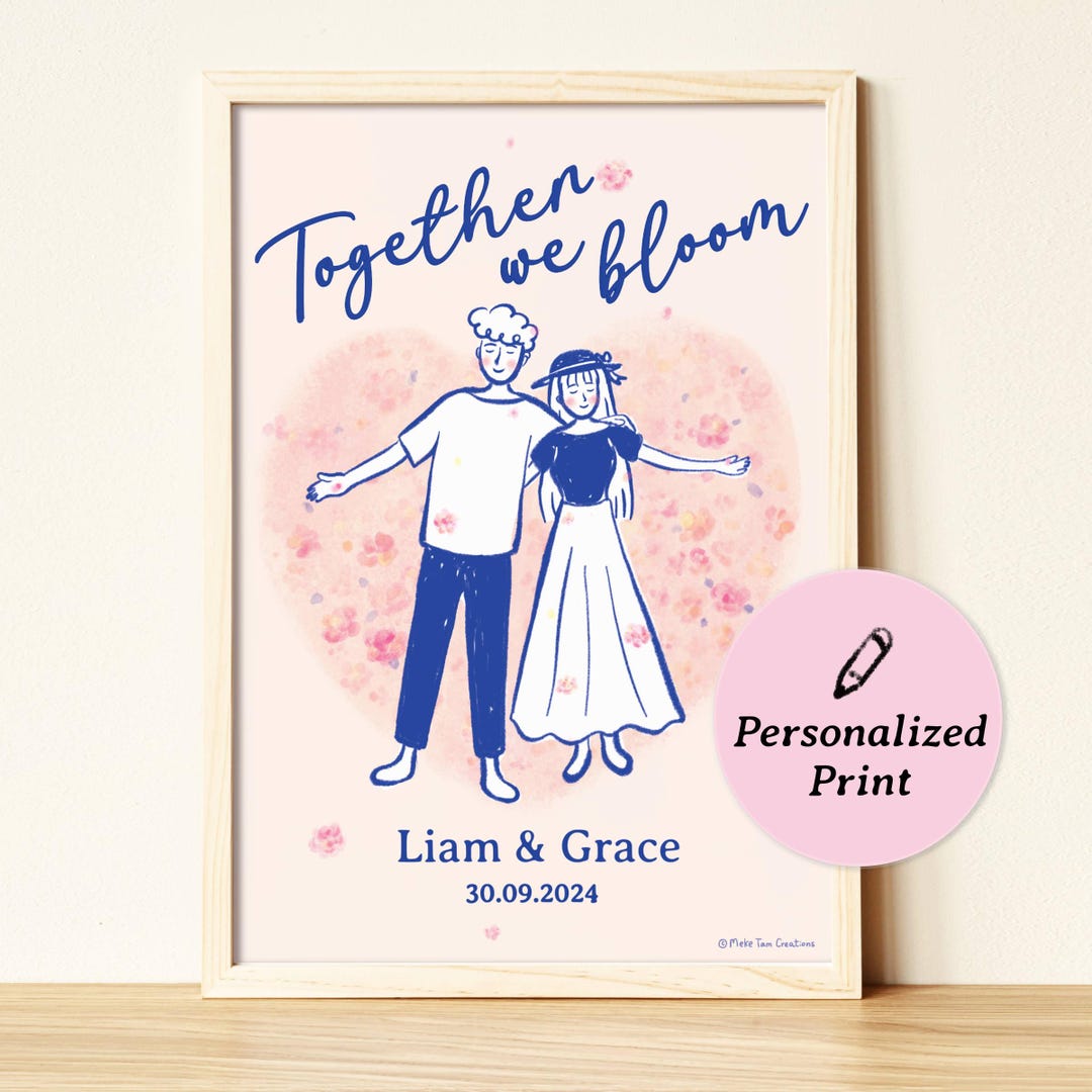 Custom Couple Portrait - Hand-drawn Floral, Together We Bloom ...