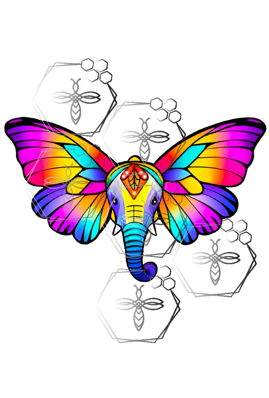 Elephant With Butterfly Ears, Vivid Colors, Artwork, PNG PDF Digital ...