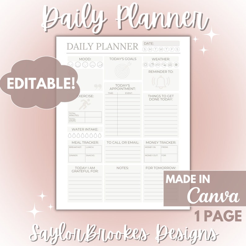 Editable Daily Planner Template Canva Printable Daily - Etsy