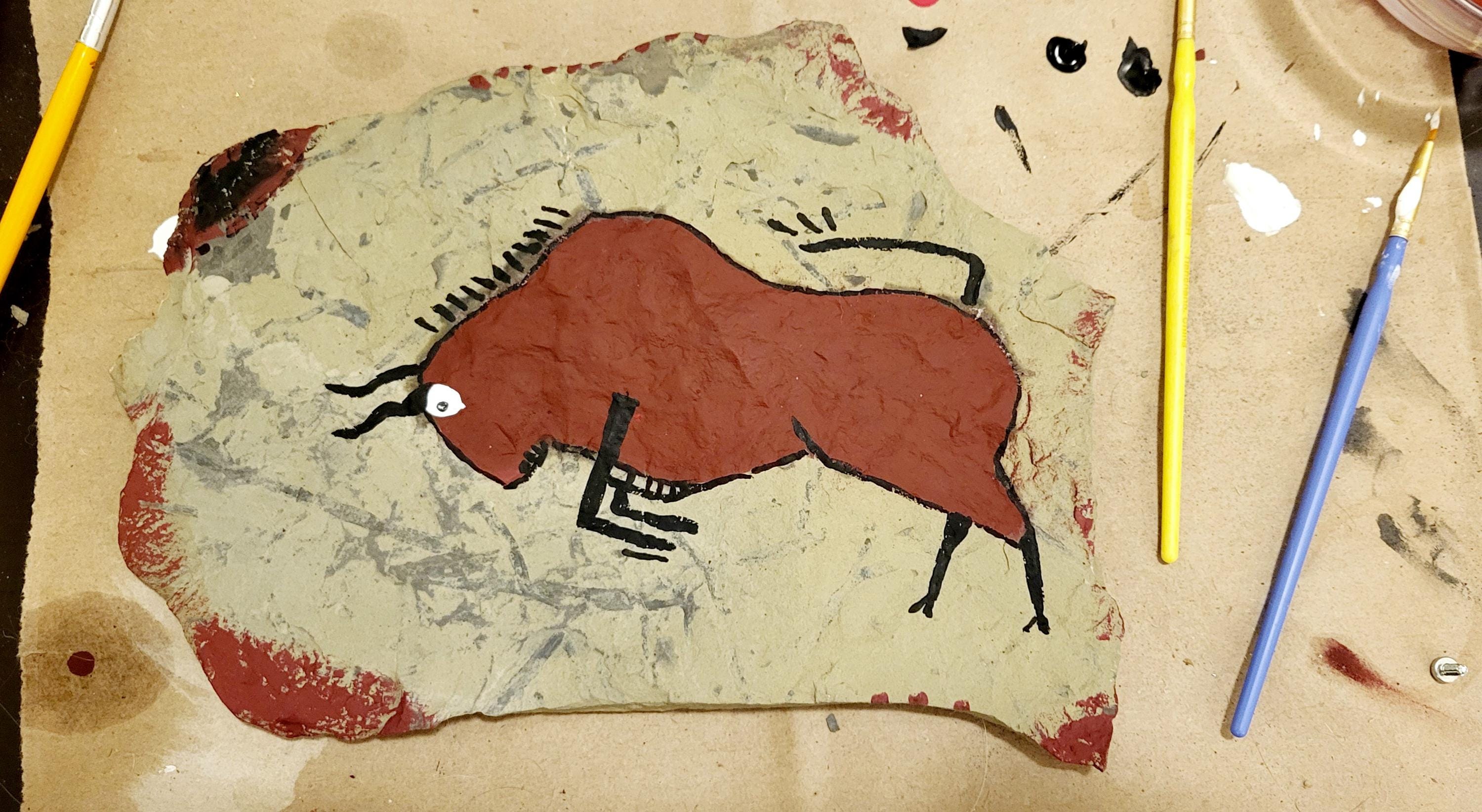 Cave Art Bison Pictograph - Hand Painted on Shale Rock That Has Fossils ...