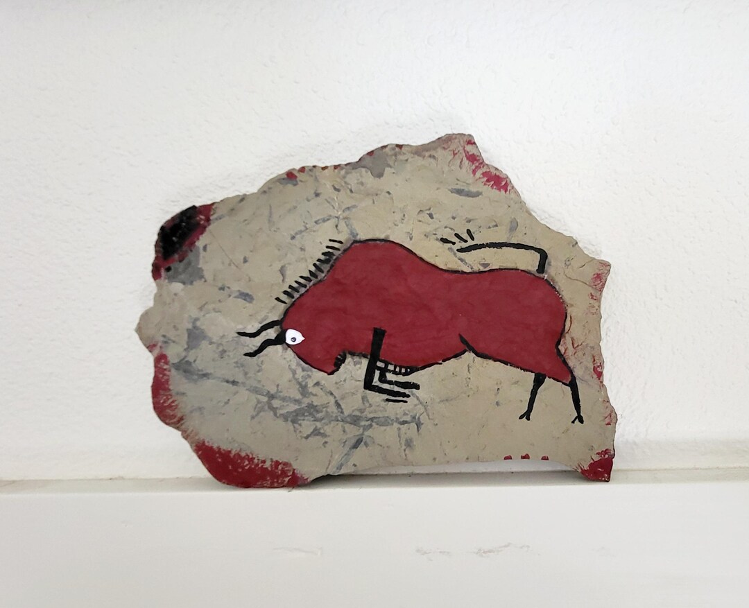 Cave Art Bison Pictograph - Hand Painted on Shale Rock That Has Fossils ...