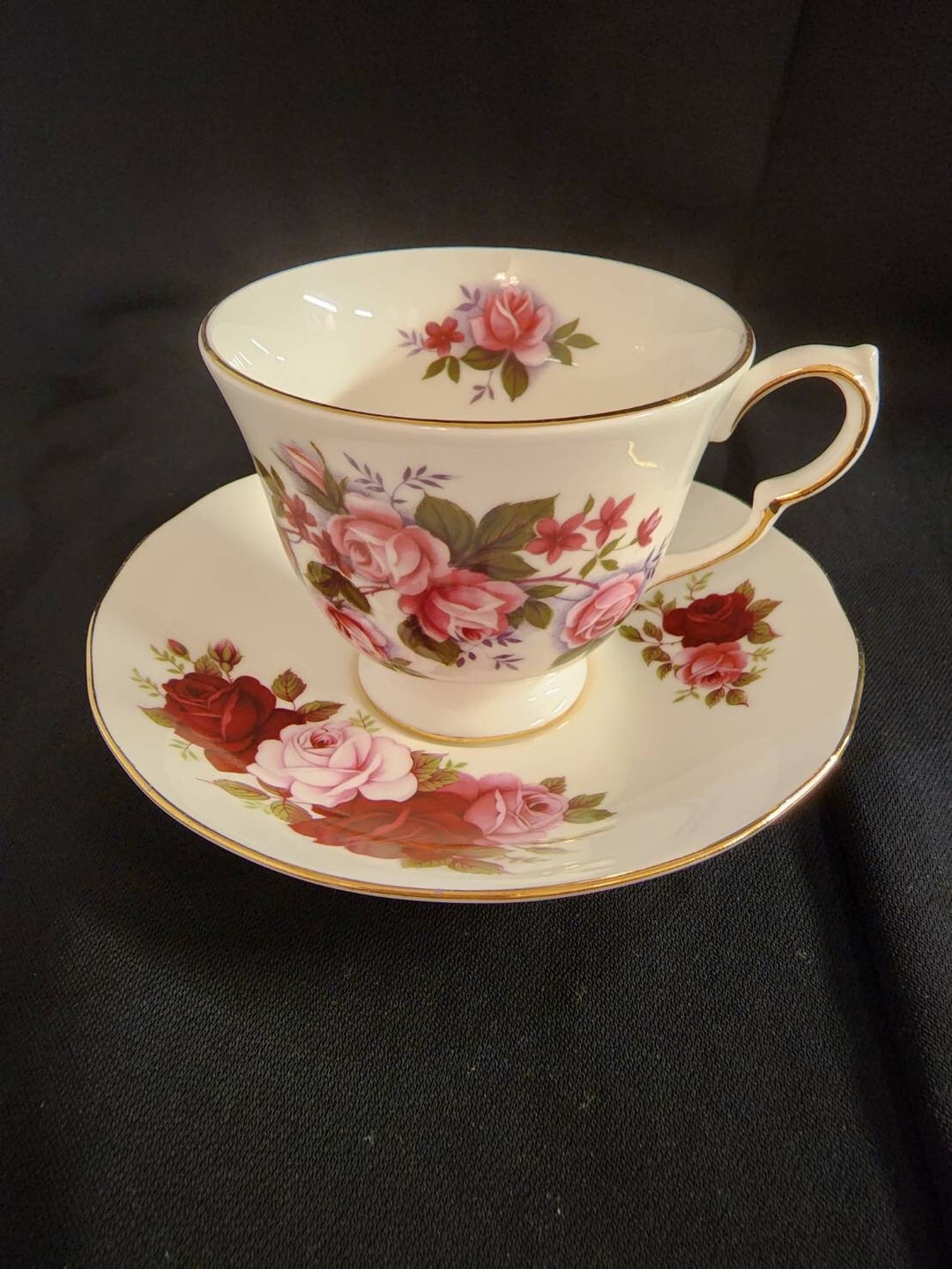 Queen Anne Tea Cup Saucer White Gold Trim Pink Red Roses Bone China ...