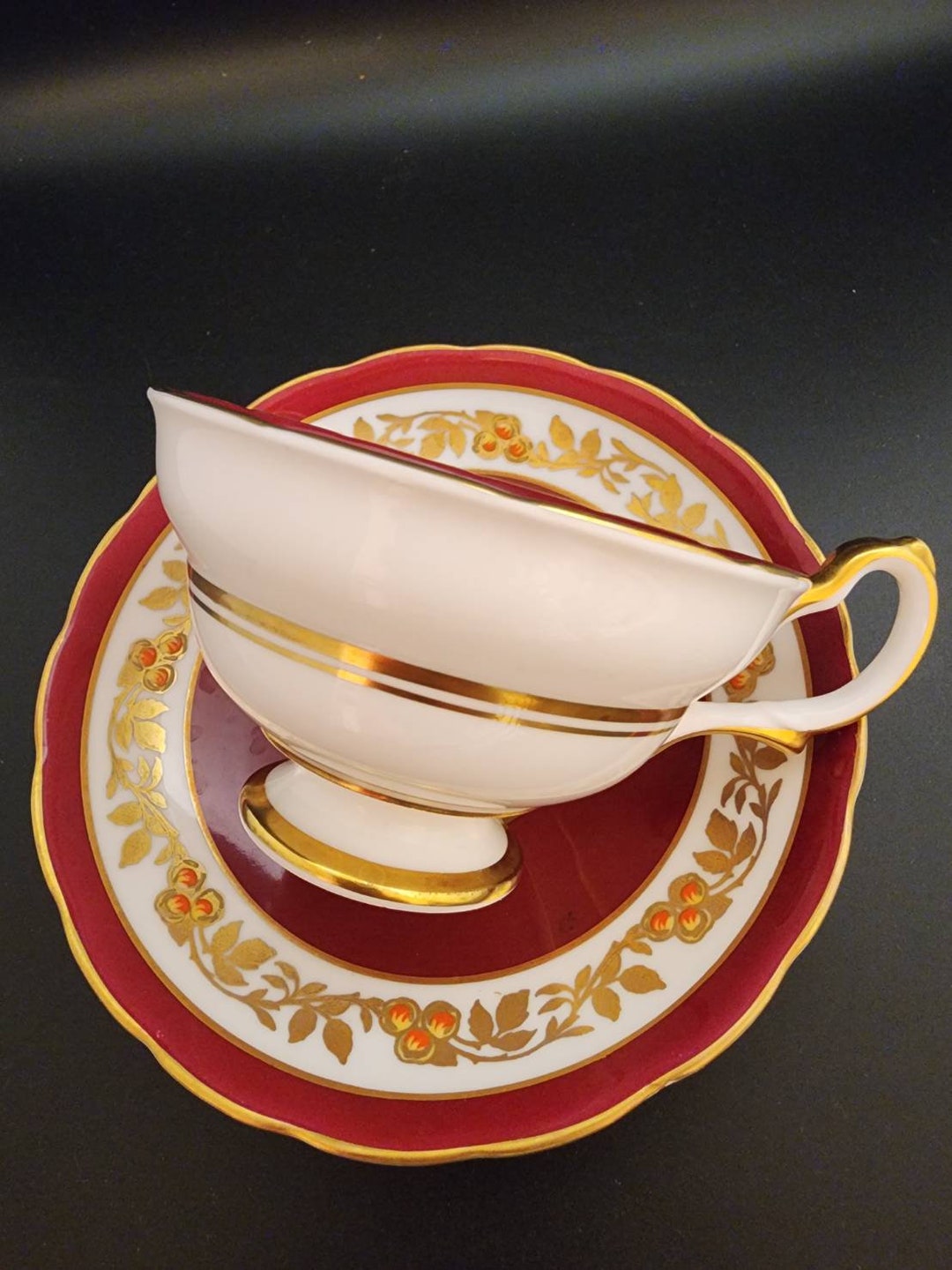 Grosvenor Tea Cup Maroon Gold Leaf Berry Pattern Bone China England - Etsy