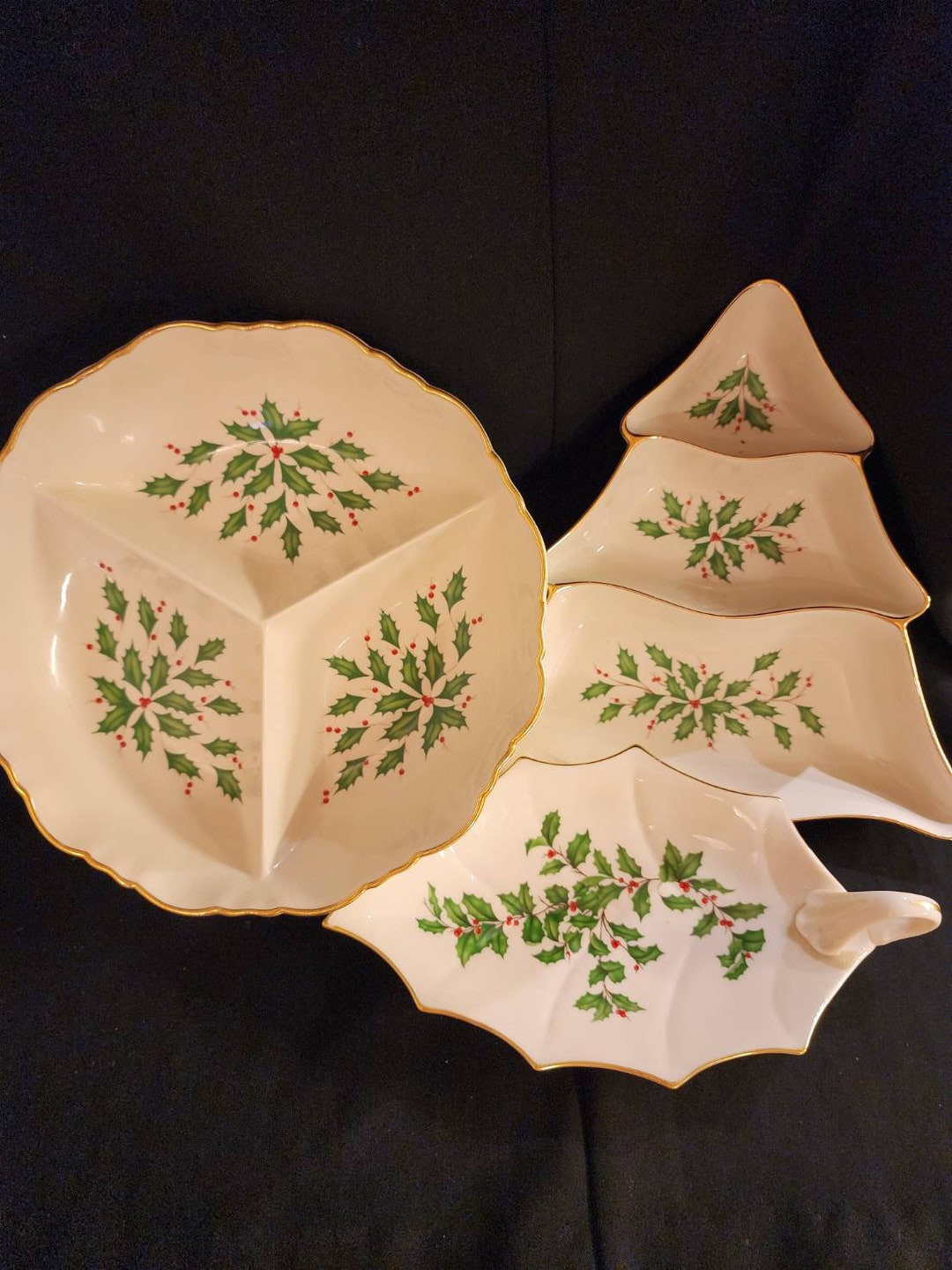 Lenox Holiday Divided Serving Plates Round Christmas Tree Leaf Shaped ...