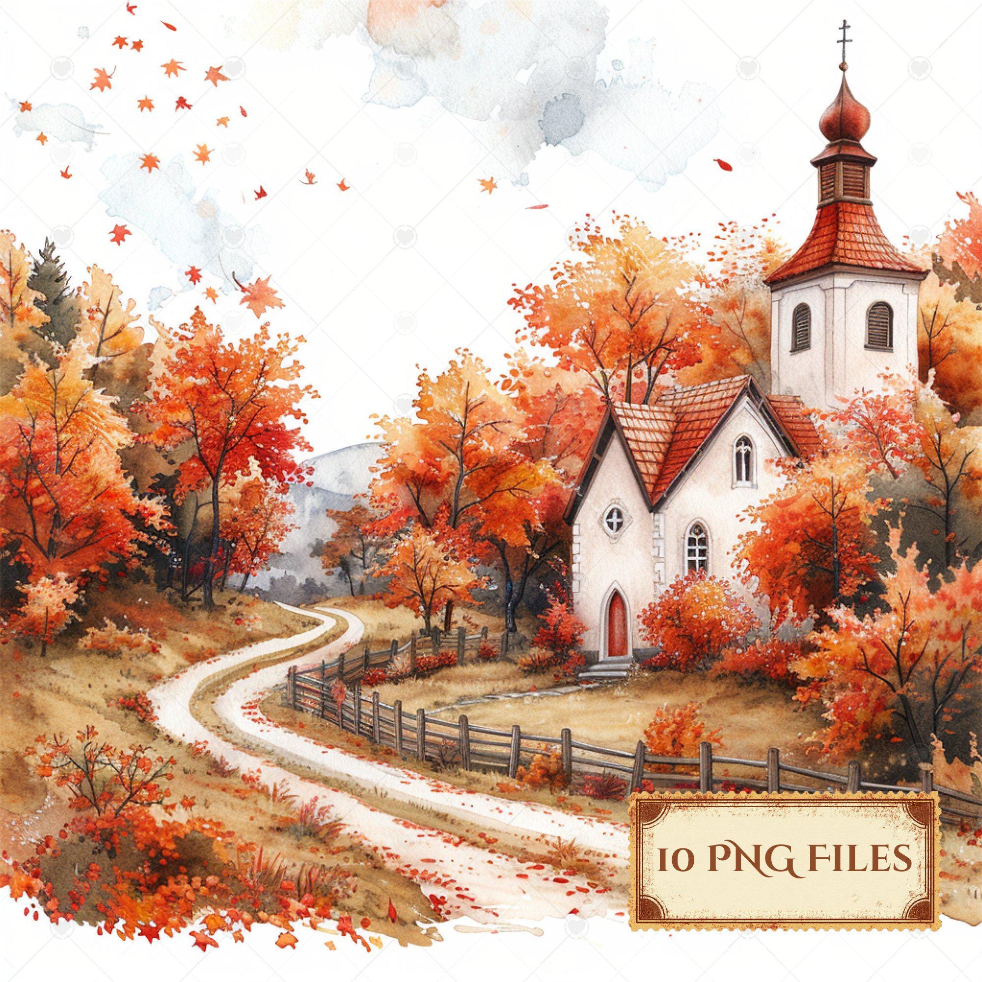 Autumn Church Scenery Digital Download Scrapbook Supply Clipart Bundle ...