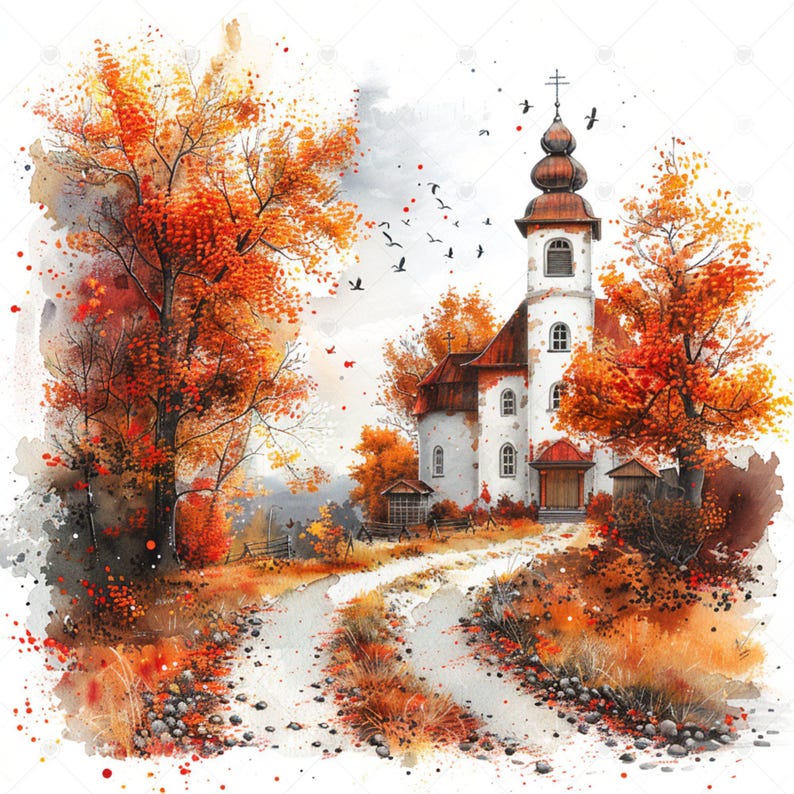 Autumn Church Scenery Clipart Bundle, Fall Scrapbook Supply (digital ...