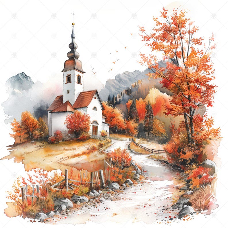 Autumn Church Scenery Digital Download Scrapbook Supply Clipart Bundle ...