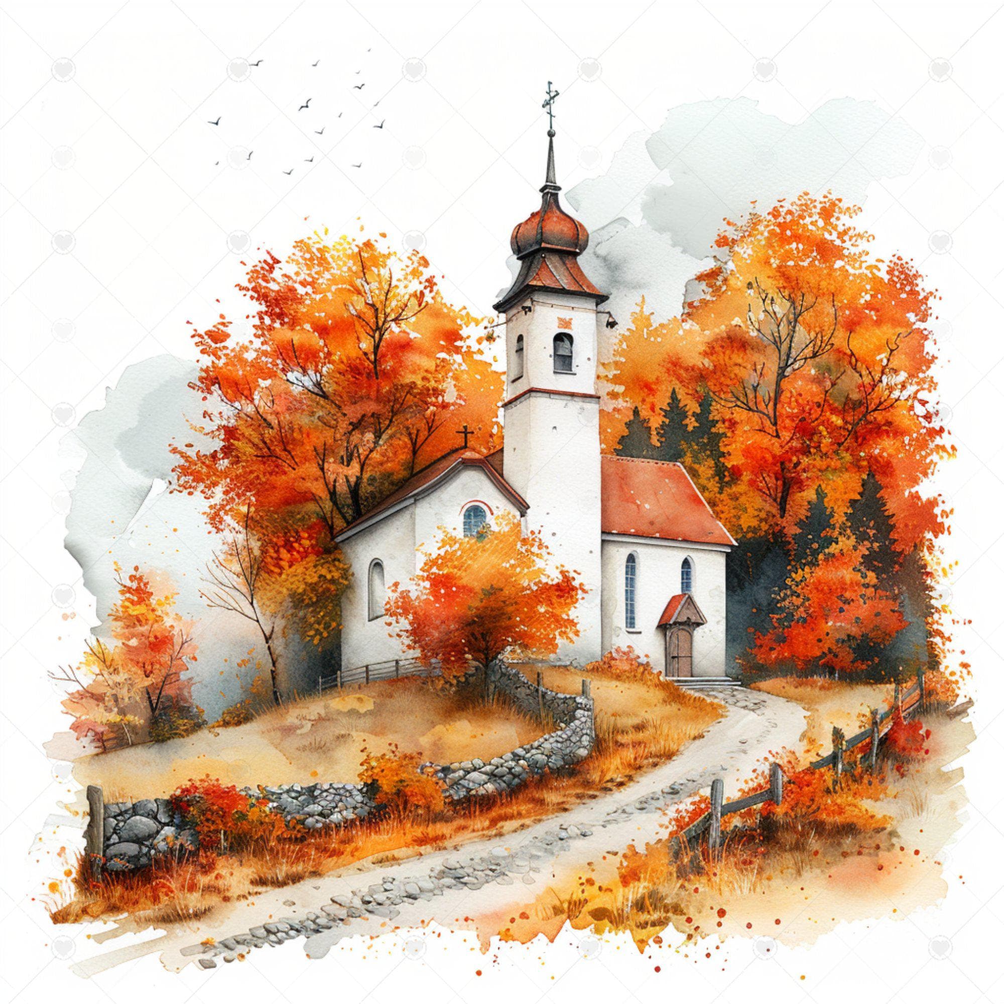 Autumn Church Scenery Digital Download Scrapbook Supply Clipart Bundle ...