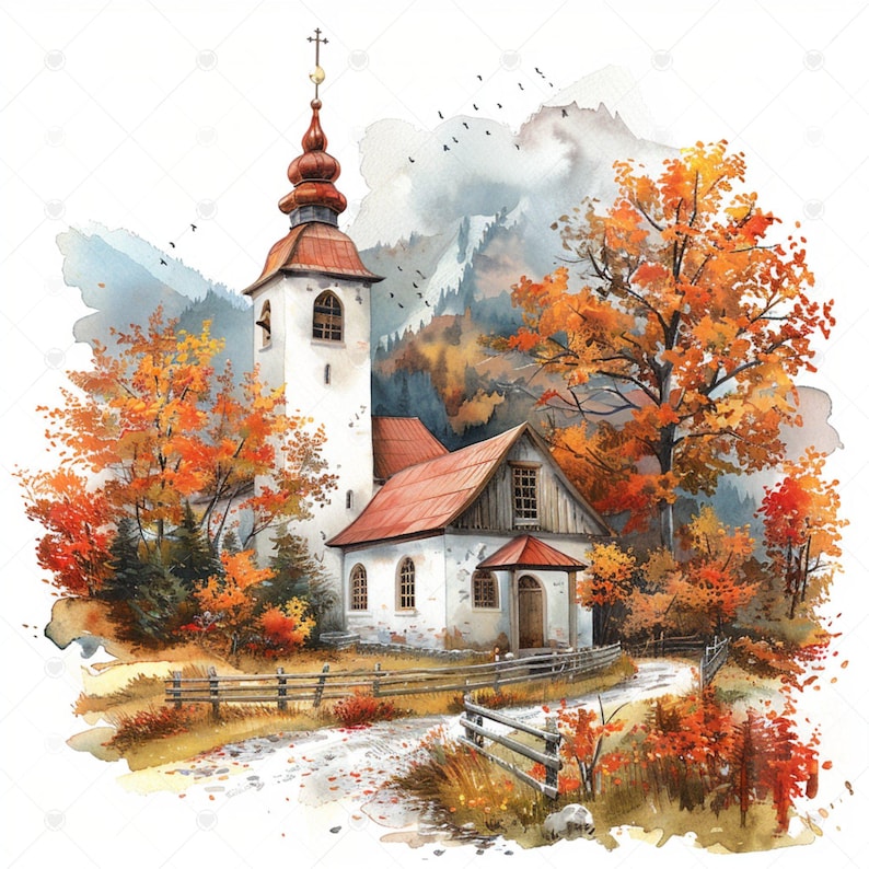 Autumn Church Scenery Clipart Bundle, Fall Scrapbook Supply (digital ...