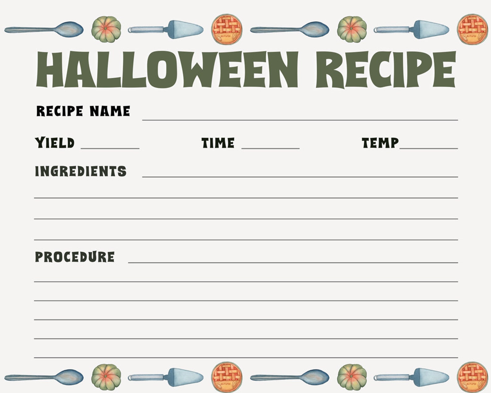 Halloween Recipe Cards, Fall Pumpkin Recipe Cards, Spooky Recipe ...