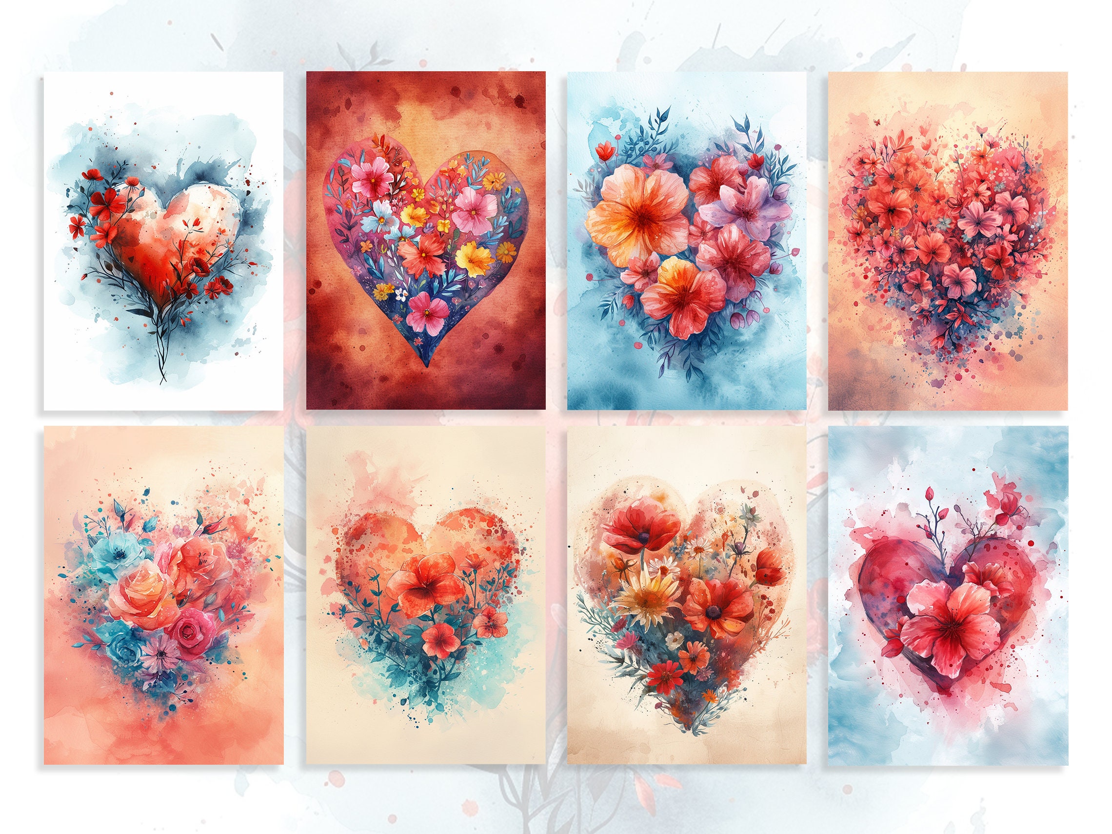 Valentine Heart ATC Cards Set, Watercolor Floral Love Theme, Digital ...