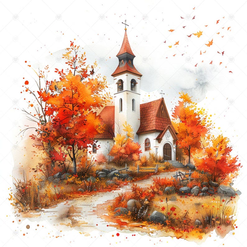 Autumn Church Scenery Clipart Bundle, Fall Scrapbook Supply (digital ...
