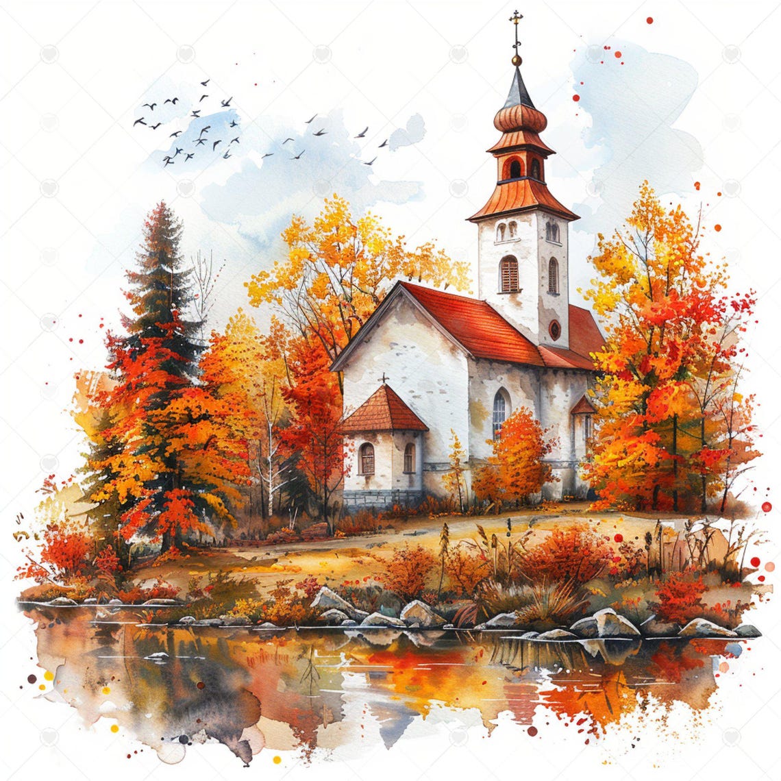 Autumn Church Scenery Clipart Bundle, Fall Scrapbook Supply (digital ...