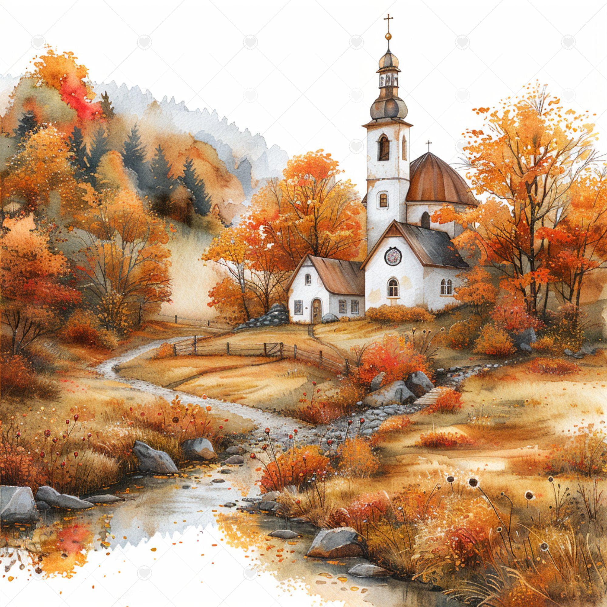 Autumn Church Scenery Digital Download Scrapbook Supply Clipart Bundle ...