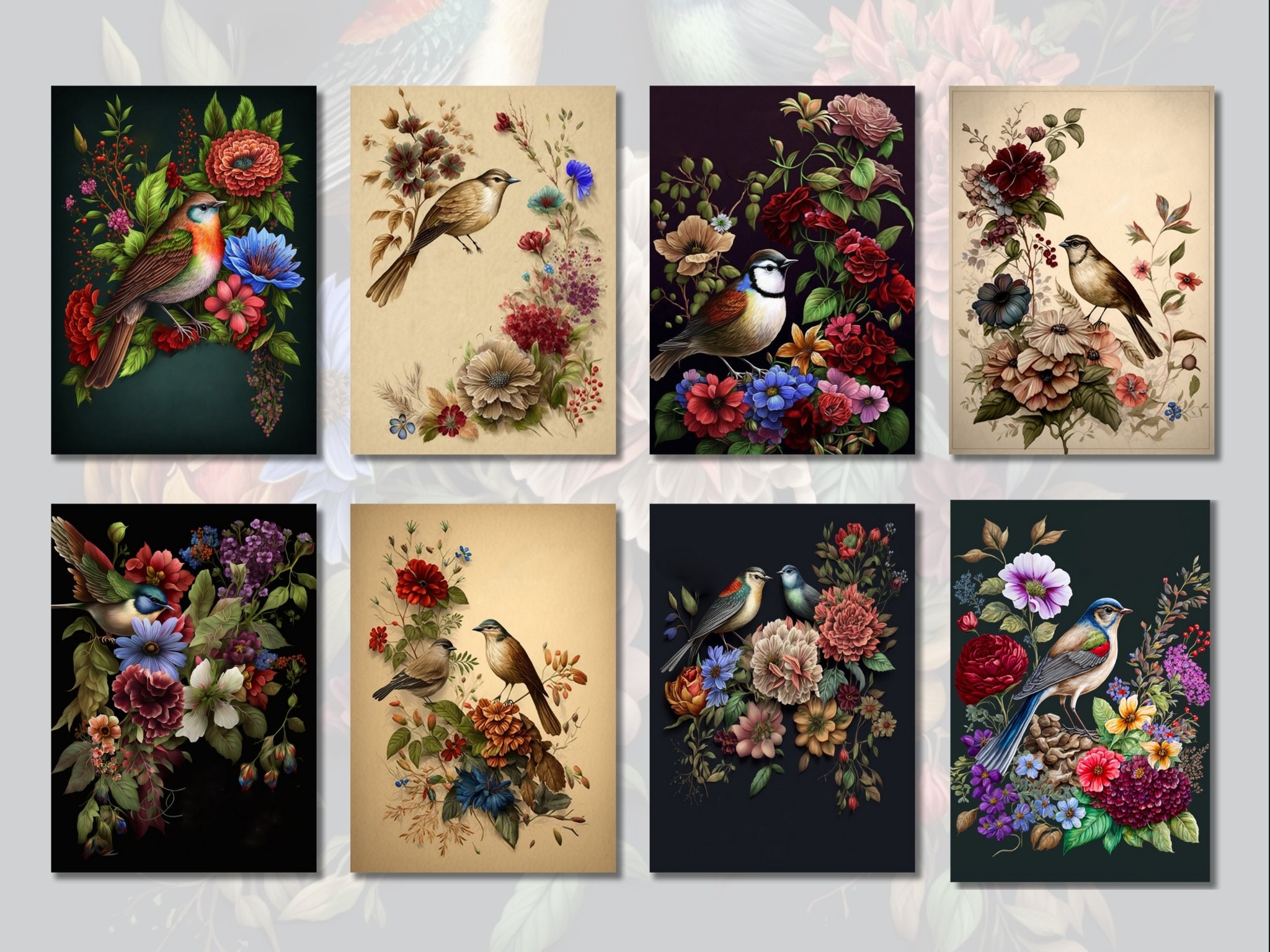 Printable ATC Cards, Birds and Flowers Vintage Illustrations, Digital ...