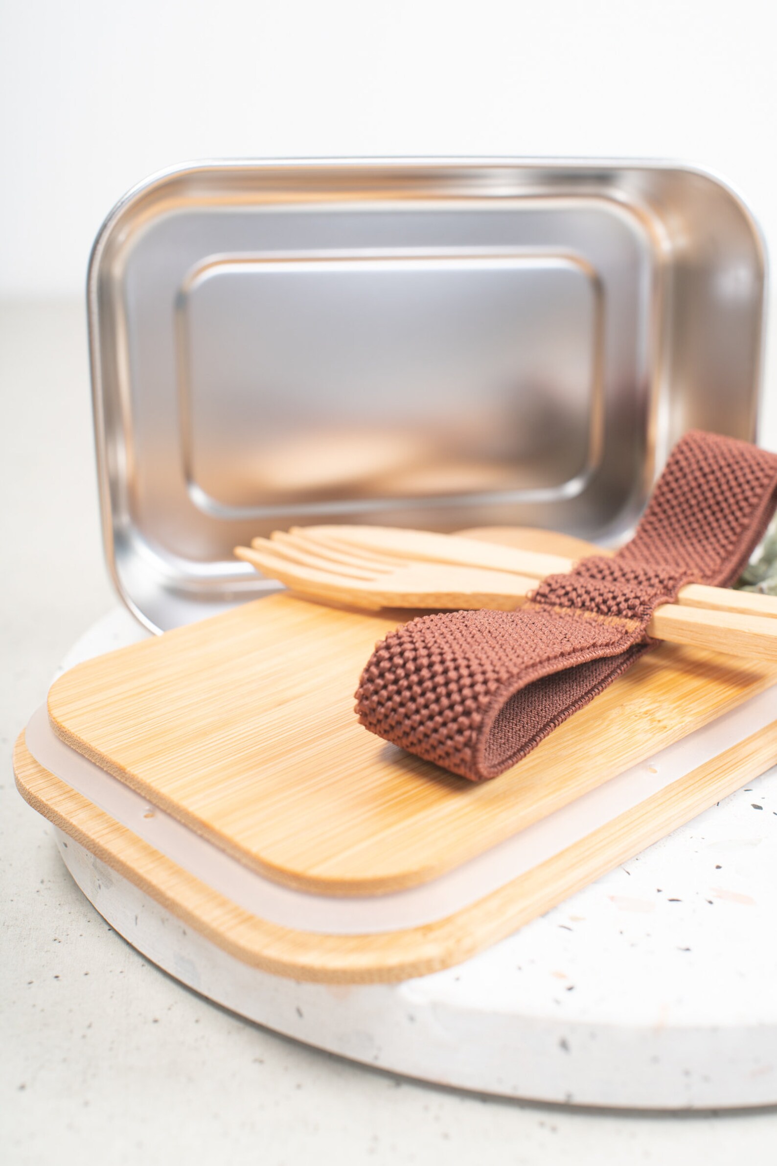 Brotdose | Lunchbox | Edelstahlbox mit Bambusdeckel, Gummiband, Besteck ...