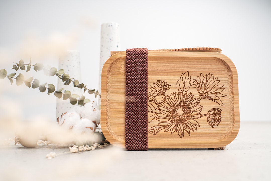 Brotdose Lunchbox Edelstahlbox mit Bambusdeckel, Gummiband, Besteck aus ...