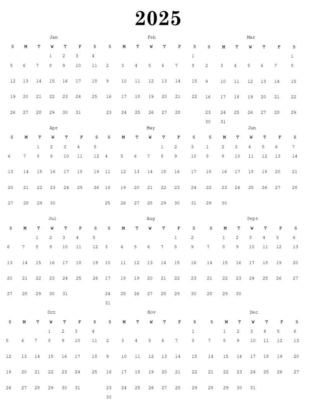 2025 Year at a Glance Calendar Printable Download - Etsy