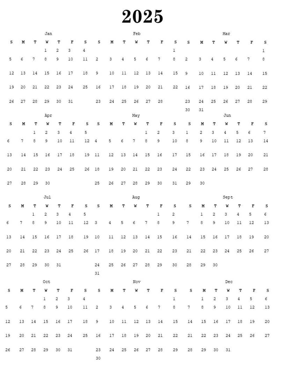 2025 Year at a Glance Calendar Printable Download - Etsy