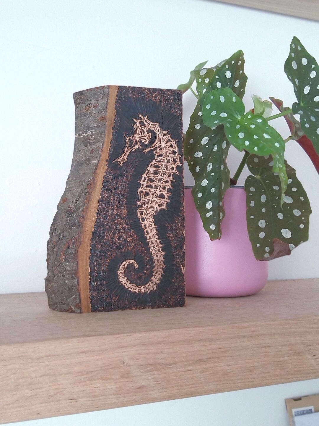 Seahorse Skeleton Hand Burned Wooden Shelf Sitter Live Edge Detailled ...