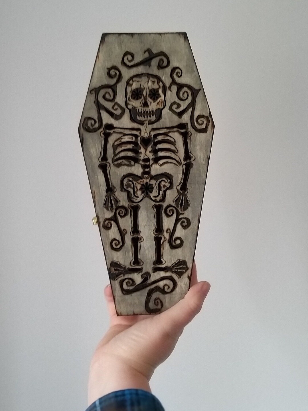 Wooden Skeleton Coffin Shaped Box, Hand Burned Keepsake Box Lined With ...