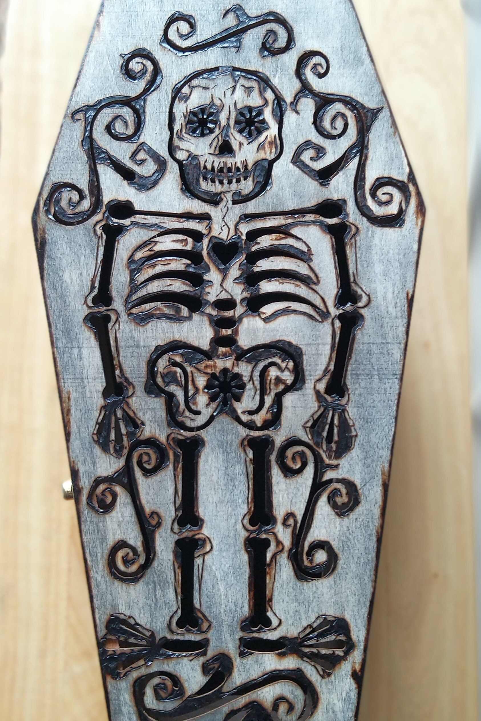 Wooden Skeleton Coffin Shaped Box, Hand Burned Keepsake Box Lined With ...