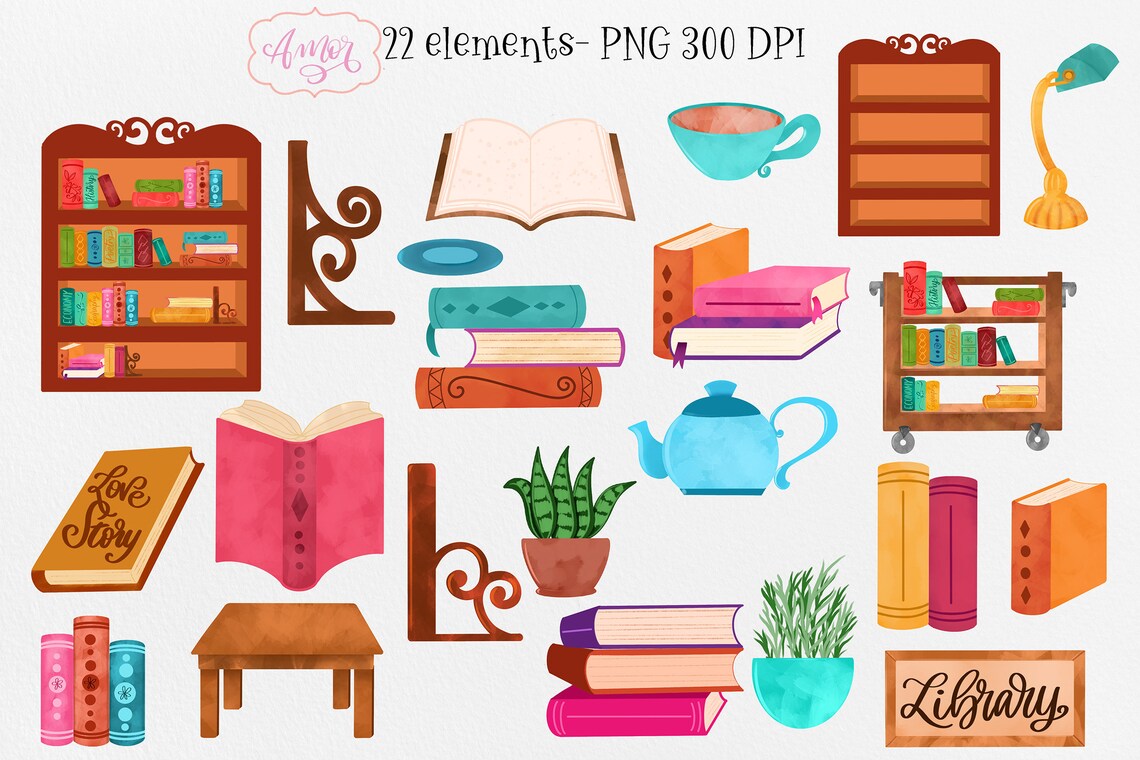 Hand Drawn Library Clipart Books and Reading Clipart Books - Etsy