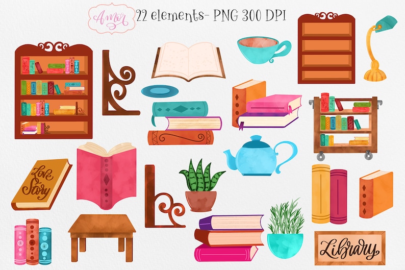 Hand Drawn Library Clipart Books and Reading Clipart Books - Etsy