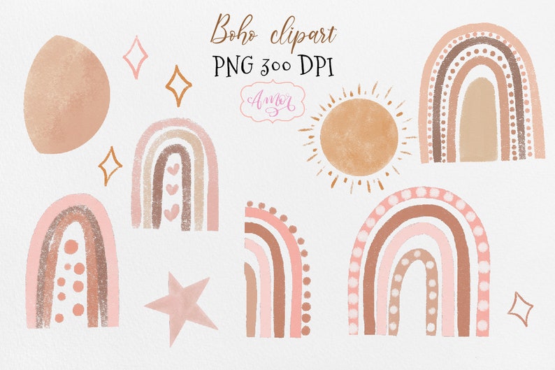 Boho Rainbow Clip Art Bundle Trendy Png Designs for - Etsy