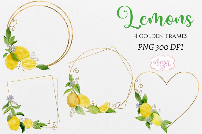Watercolor Lemon Clipart PNG Citrus Clipart Lemon Frames - Etsy