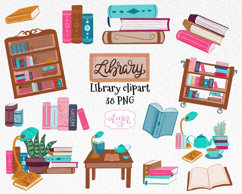 Hand Drawn Library Clipart Books and Reading Clipart Books | Etsy
