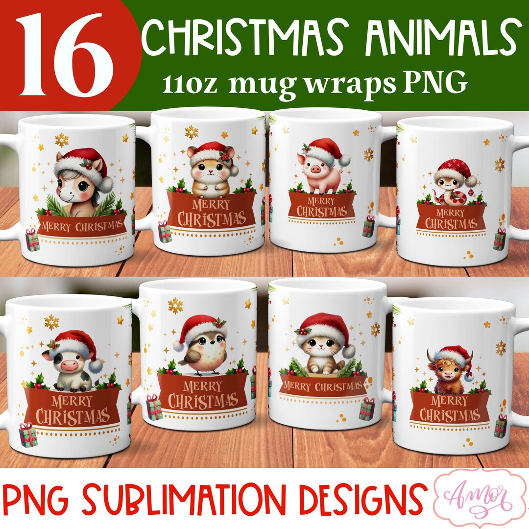 BUNDLE Christmas Mug Wrap PNG, Cute Christmas Animal Png, Christmas ...