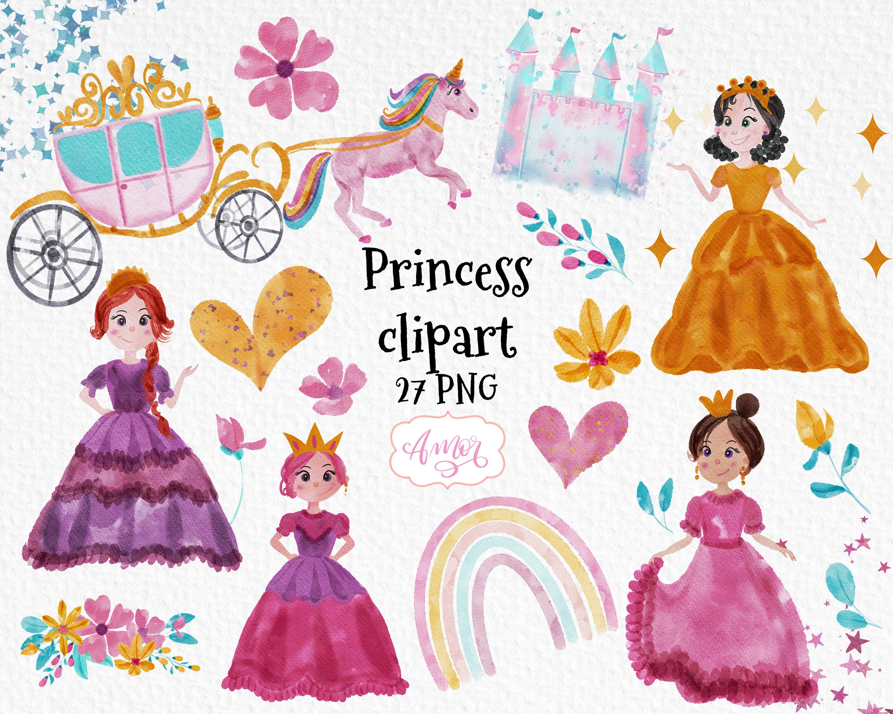 Watercolor Princess Clipart Hand Painted Fairytale Clipart | Etsy