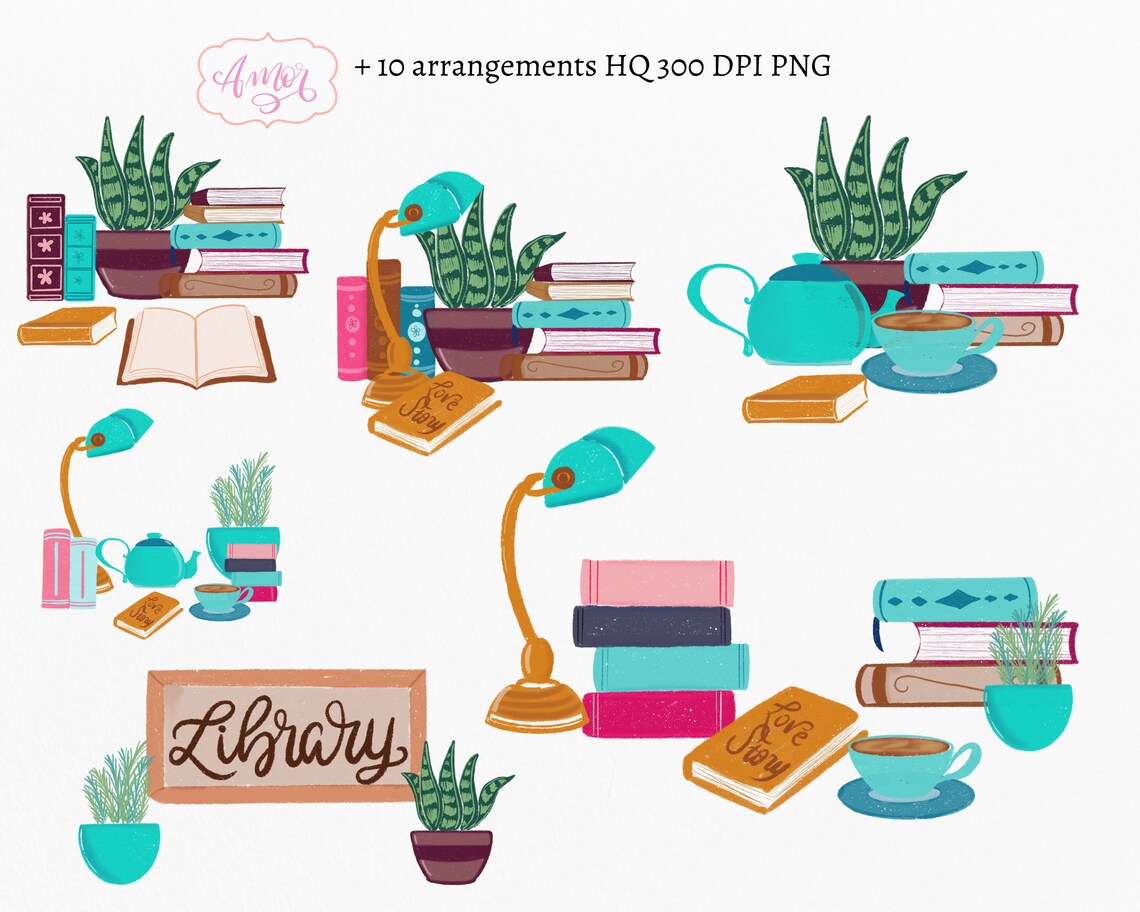 Hand Drawn Library Clipart Books and Reading Clipart Books | Etsy