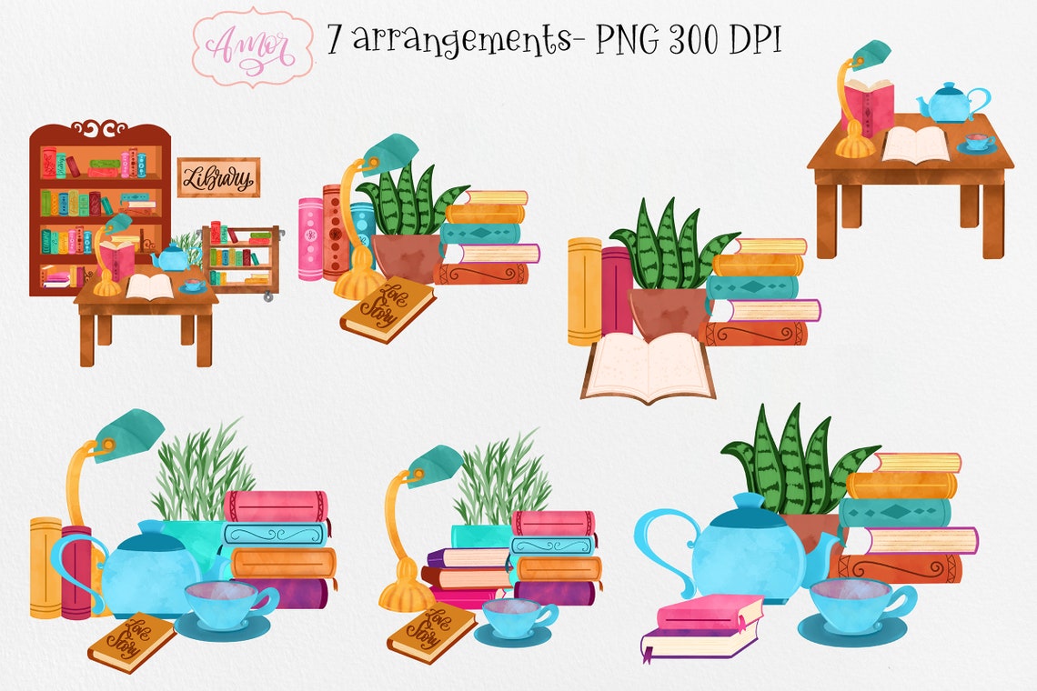 Hand Drawn Library Clipart Books and Reading Clipart Books - Etsy
