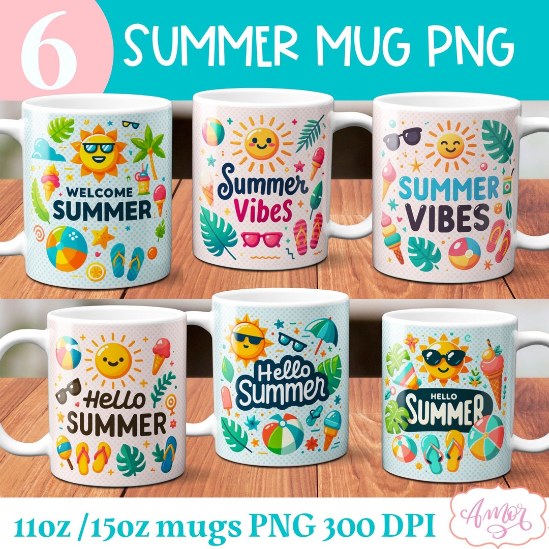 BUNDLE of 6 Summer Mug Wraps PNG for Sublimation, Hello Summer Coffee ...