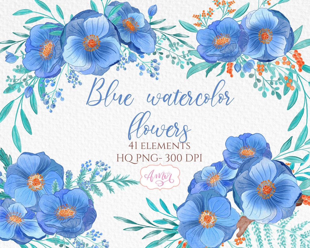 Blue Watercolor Floral Clipart Png, Hand Painted Flowers PNG Clip Art ...