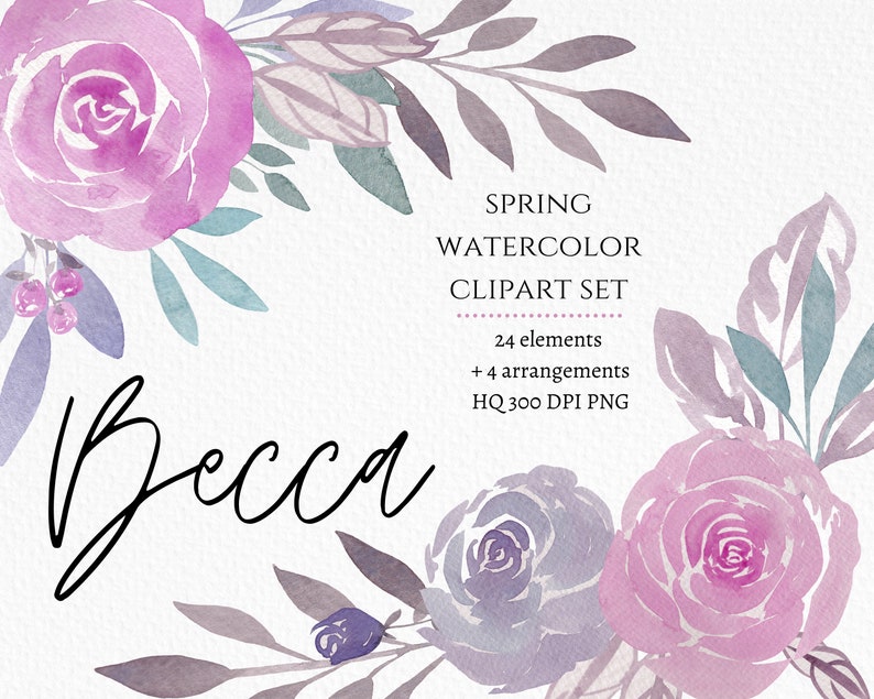 Watercolor floral clipart botanical clip art rose PNG hand | Etsy