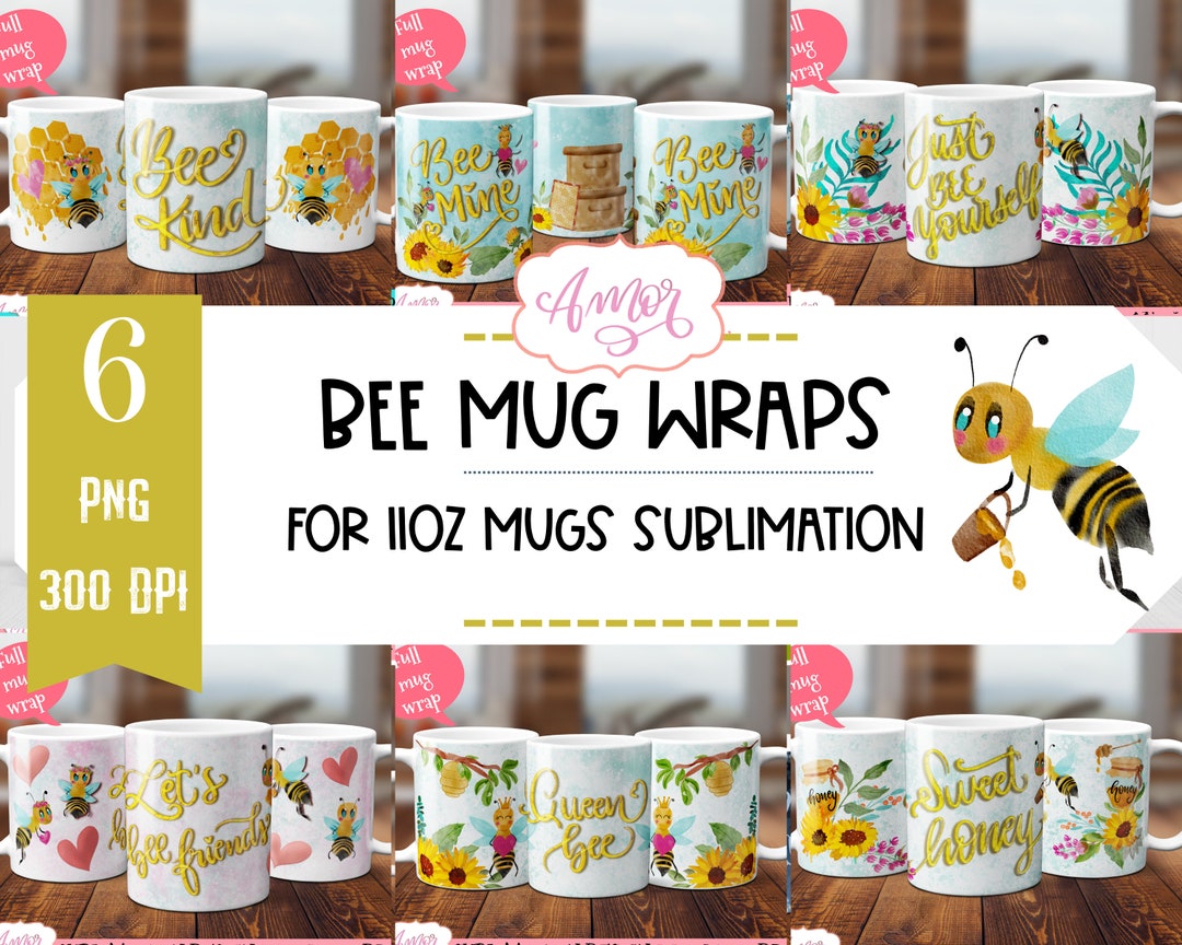 Bee Mug Sublimation Designs BUNDLE, Bees Mug Wrap, Coffee Mug Template ...