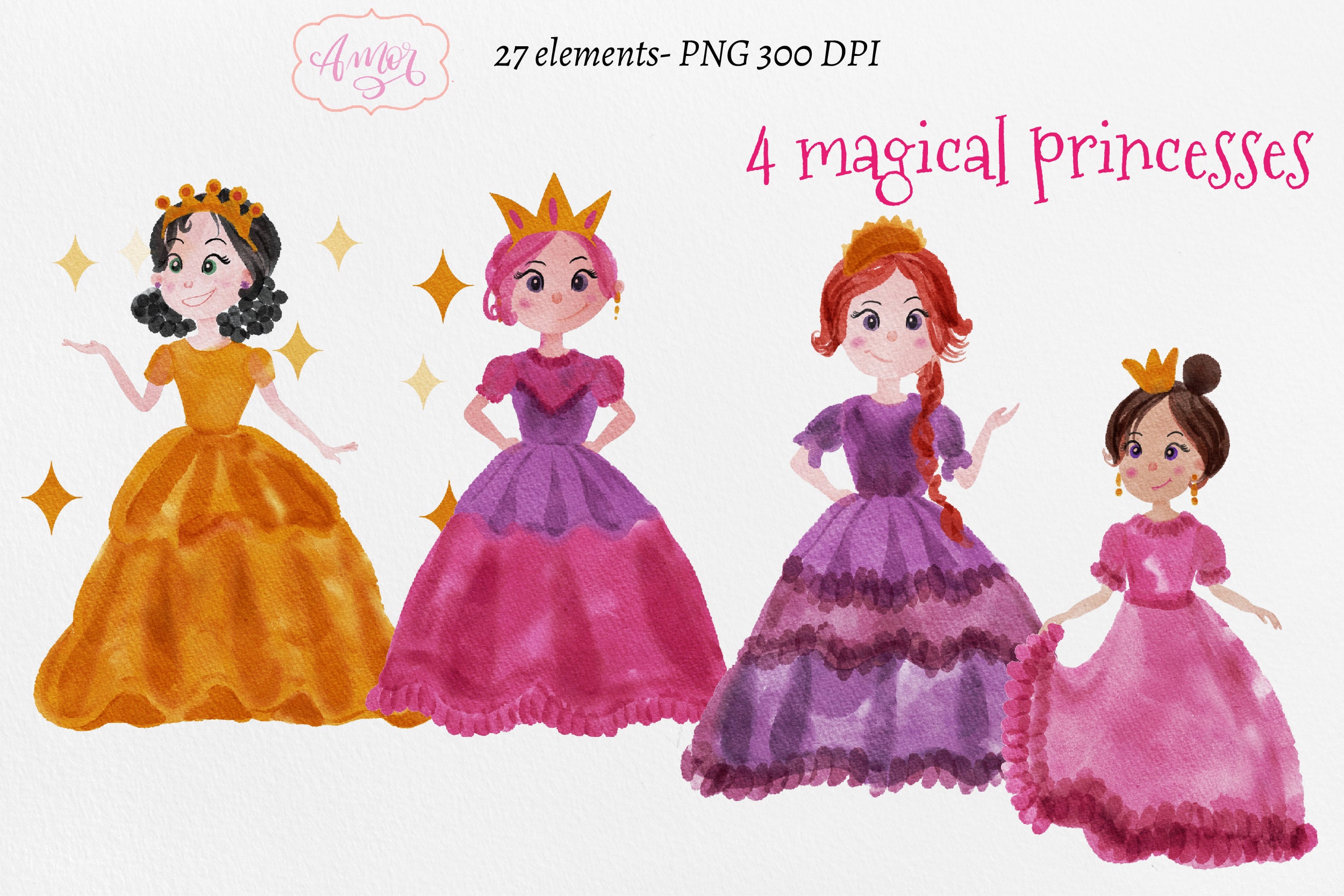Watercolor Princess Clipart Hand Painted Fairytale Clipart | Etsy