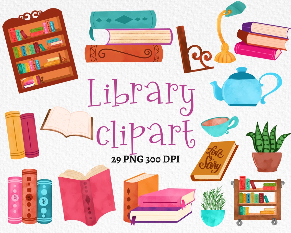 Hand Drawn Library Clipart Books and Reading Clipart Books - Etsy