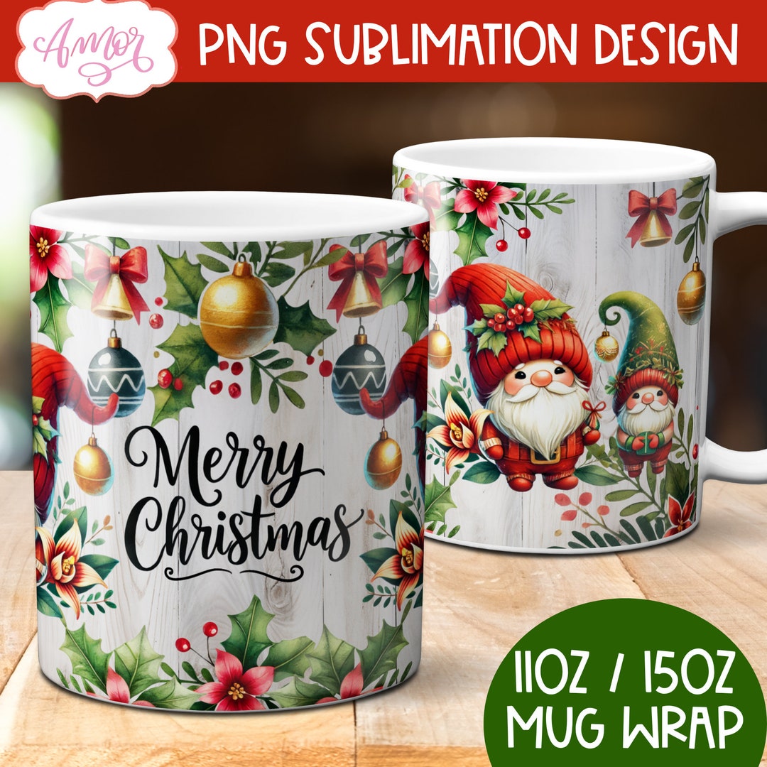 Merry Christmas Mug Wrap PNG for Sublimation, Cute Christmas Gnome Mug ...