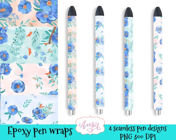 4 Blue Floral Pen Wraps PNG Seamless Epoxi Pen Wraps Flower | Etsy