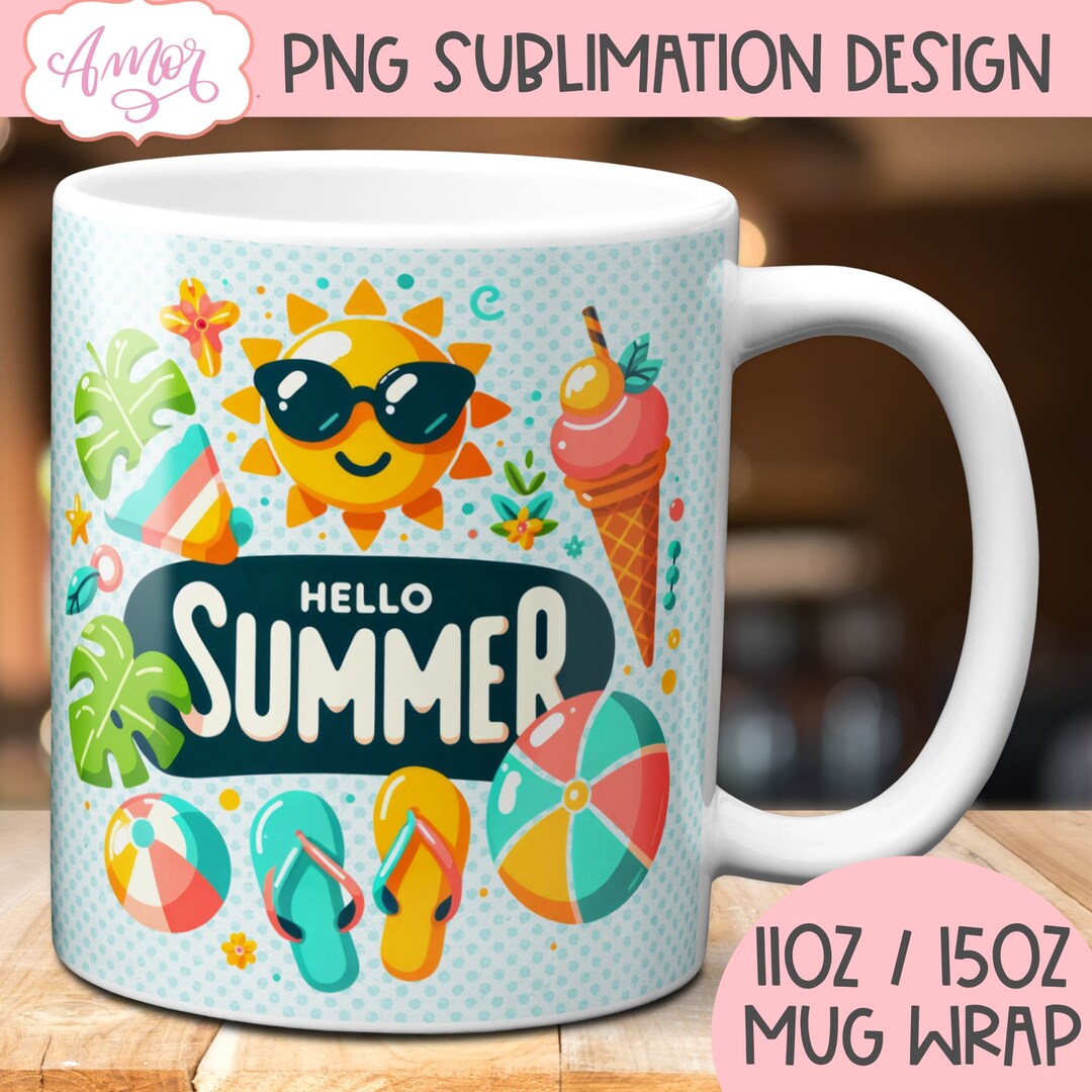 Hello Summer Mug Wrap PNG for Sublimation, Summer Lover Coffee Mug ...
